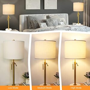 Lamp Modern Set of 2: 22" to 30" Height Adjustable Pull Chain Switch for Living Room Bedroom End Table, Marble Base White Linen Shade Golden Pole Nightstand Lamp Brass for Office, Bedside Table