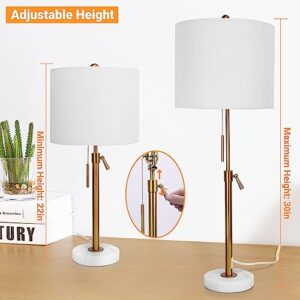 Lamp Modern Set of 2: 22" to 30" Height Adjustable Pull Chain Switch for Living Room Bedroom End Table, Marble Base White Linen Shade Golden Pole Nightstand Lamp Brass for Office, Bedside Table