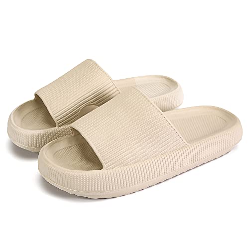 rosyclo Cloud Slides for Women and Men, Pillow House Slippers Super Soft Comfy Non-Slip Massage Bathroom Shower Shoes Cloud Cushion Slide Sandals for Indoor Outdoor, Size 8 7.5 8.5 Tan Beige Nude