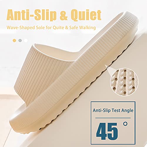 rosyclo Cloud Slides for Women and Men, Pillow House Slippers Super Soft Comfy Non-Slip Massage Bathroom Shower Shoes Cloud Cushion Slide Sandals for Indoor Outdoor, Size 8 7.5 8.5 Tan Beige Nude