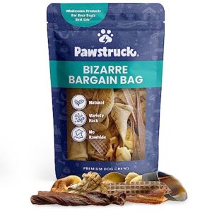 pawstruck bizarre assorted natural dog treats, pet food, long lasting chews for all breeds, beef flavor, animal ears, bones & jerkies, rawhide alternative for aggressive chewersy, bargain bag - 1 lb