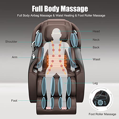 Real Relax Full Zero Gravity SL-Track Shiatsu Massage Recliner Chair with Heat Body Scan Bluetooth Foot Roller, 57.48D x 28.34W x 42.12H Inch, Brown