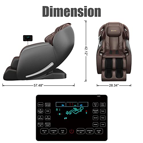 Real Relax Full Zero Gravity SL-Track Shiatsu Massage Recliner Chair with Heat Body Scan Bluetooth Foot Roller, 57.48D x 28.34W x 42.12H Inch, Brown