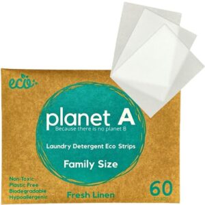 planet a (60 loads) fresh linen - laundry detergent soap sheets - plastic free - hypoallergenic eco friendly wash - no liquid great for travel cleaning strips