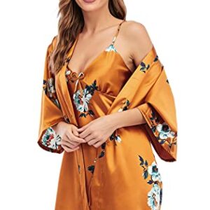 Escalier Women's Silk Satin Pajamas Sets 2Pcs Floral Silky Pj Robe Set with Chemise Nightgown Orange Floral S