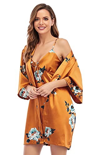 Escalier Women's Silk Satin Pajamas Sets 2Pcs Floral Silky Pj Robe Set with Chemise Nightgown Orange Floral S