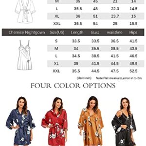 Escalier Women's Silk Satin Pajamas Sets 2Pcs Floral Silky Pj Robe Set with Chemise Nightgown Orange Floral S