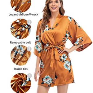 Escalier Women's Silk Satin Pajamas Sets 2Pcs Floral Silky Pj Robe Set with Chemise Nightgown Orange Floral S