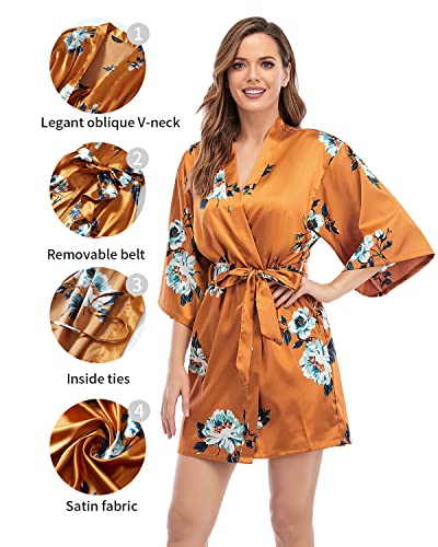 Escalier Women's Silk Satin Pajamas Sets 2Pcs Floral Silky Pj Robe Set with Chemise Nightgown Orange Floral S