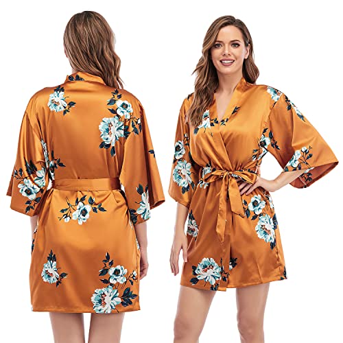 Escalier Women's Silk Satin Pajamas Sets 2Pcs Floral Silky Pj Robe Set with Chemise Nightgown Orange Floral S