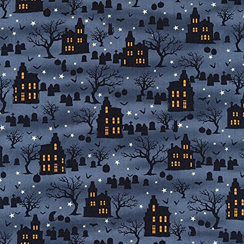 Spooky Night Spooky Houses Midnight , Quilting Fabric by the Yard