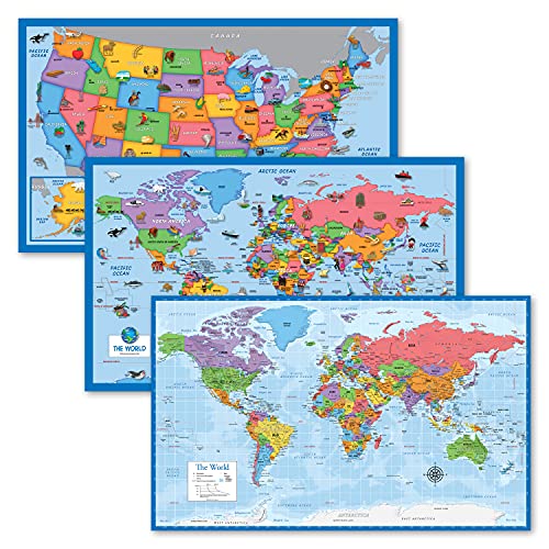 3 Pack - Illustrated World Map & USA Map for Kids + World Map Poster [Blue Ocean] (Laminated, 18" x 29")