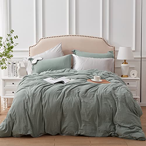 SEMECH Duvet Cover Queen Size Olive Green Microfiber Comforter Cover Set 5 Piece with Eye Mask and Zipper, 2 Brushed Pillow Shams and 2 Satin Pillowcases - 90x90 inches