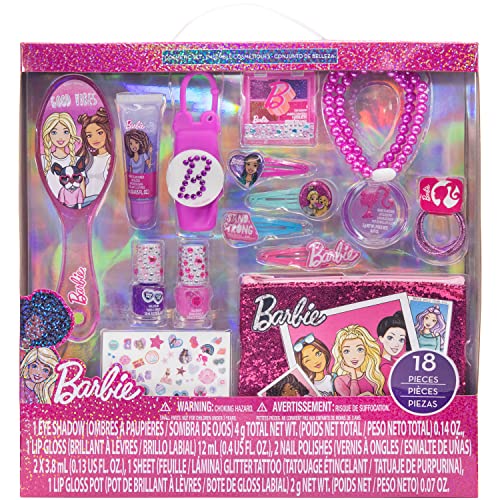 Barbie - Townley Girl 18 Pcs Cosmetic Makeup Gift Box Set includes Lip Gloss, Nail Polish, Eye Shadow, Hair Accessories and more! for Kids Girls, Ages 3+ perfect for Parties, Sleepovers and Makeovers