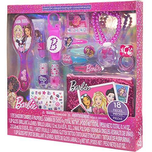 Barbie - Townley Girl 18 Pcs Cosmetic Makeup Gift Box Set includes Lip Gloss, Nail Polish, Eye Shadow, Hair Accessories and more! for Kids Girls, Ages 3+ perfect for Parties, Sleepovers and Makeovers