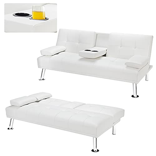 POWERSTONE Leather Futon Sofa Bed Convertible Folding Couch for Living Room Sectional Sleeper Sofa for Small Space with Cup Holder and Removable Armrest White