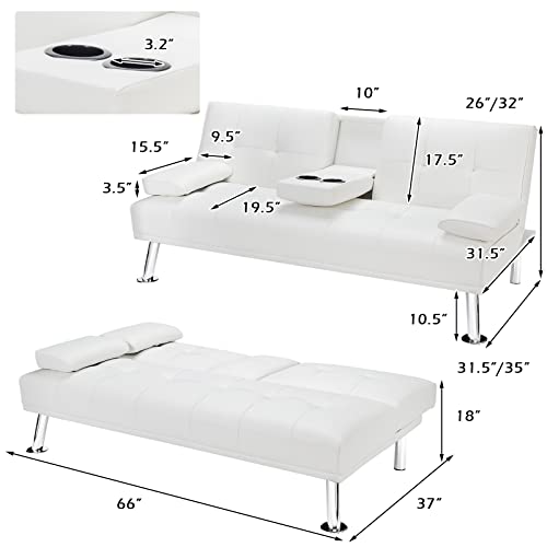 POWERSTONE Leather Futon Sofa Bed Convertible Folding Couch for Living Room Sectional Sleeper Sofa for Small Space with Cup Holder and Removable Armrest White