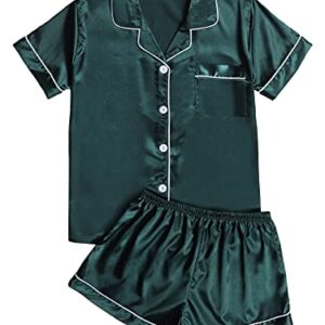 DIDK Women's Sleepwear Satin Short Sleeve Button Front 2 Piece Pajama Set Dark Green L