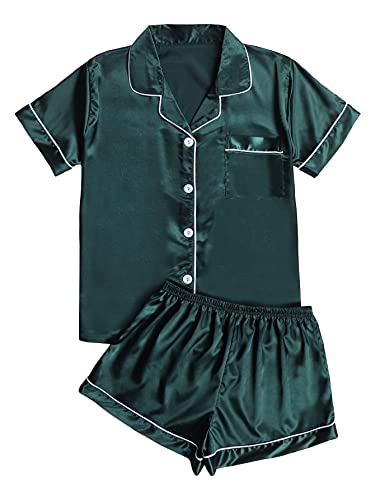 DIDK Women's Sleepwear Satin Short Sleeve Button Front 2 Piece Pajama Set Dark Green L