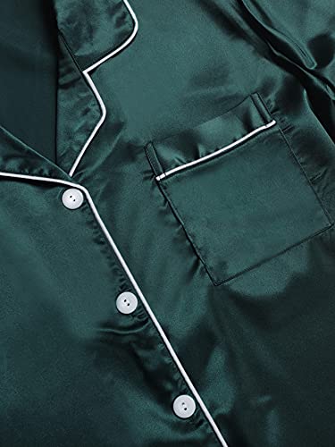 DIDK Women's Sleepwear Satin Short Sleeve Button Front 2 Piece Pajama Set Dark Green L