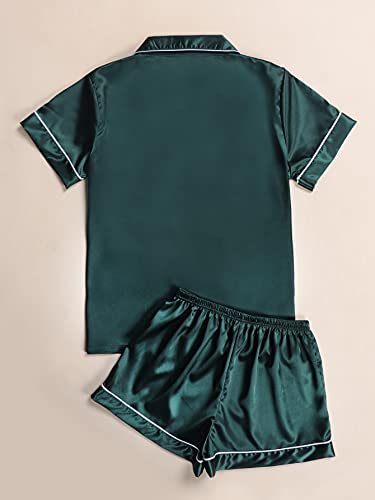 DIDK Women's Sleepwear Satin Short Sleeve Button Front 2 Piece Pajama Set Dark Green L