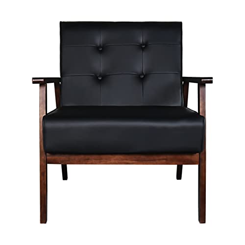 AODAILIHB Modern Leather Wooden Single-Seat Sofa, Accent Armchair Mid-Century Lounge Couch, Durable & Cozy (Black-1, Single)