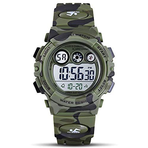 GOLDEN HOUR Watches for Kids Digital Sport Waterproof Boys Watch Outdoor 12/24 H Alarm EL Backlight Stopwatch Military Child Wristwatch Ages 5-15 (Camouflage Green)