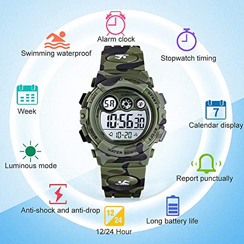 GOLDEN HOUR Watches for Kids Digital Sport Waterproof Boys Watch Outdoor 12/24 H Alarm EL Backlight Stopwatch Military Child Wristwatch Ages 5-15 (Camouflage Green)