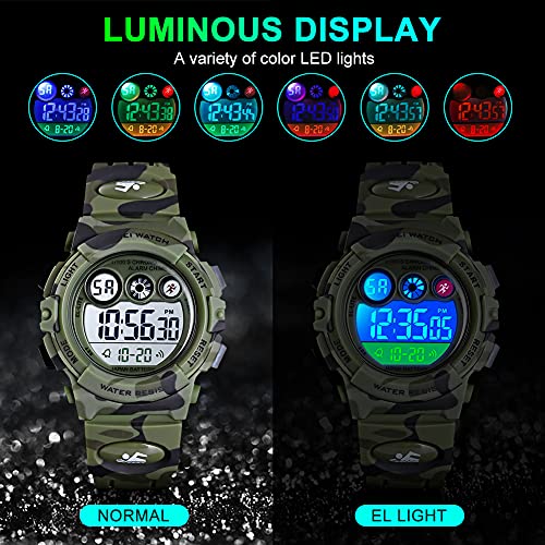 GOLDEN HOUR Watches for Kids Digital Sport Waterproof Boys Watch Outdoor 12/24 H Alarm EL Backlight Stopwatch Military Child Wristwatch Ages 5-15 (Camouflage Green)