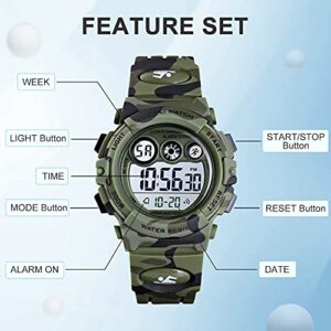 GOLDEN HOUR Watches for Kids Digital Sport Waterproof Boys Watch Outdoor 12/24 H Alarm EL Backlight Stopwatch Military Child Wristwatch Ages 5-15 (Camouflage Green)