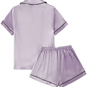 LYANER Women's Satin Pajamas Set Short Sleeve Button Shirt Silky Sleepwear With Shorts Set PJ Purple Small