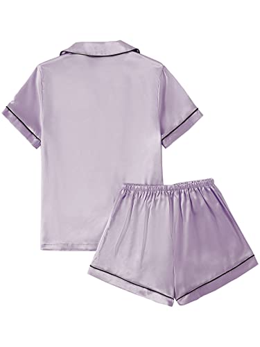 LYANER Women's Satin Pajamas Set Short Sleeve Button Shirt Silky Sleepwear With Shorts Set PJ Purple Small