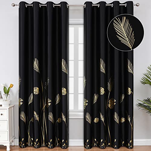 Estelar Textiler Black Blackout Curtains for Bedroom 84 Inches Long, Room Darkening Grommet Window Thermal Insulated Curtains for Living Room,Light Blocking Gold Pattern Design Drapes,52Wx84L,2 Panels