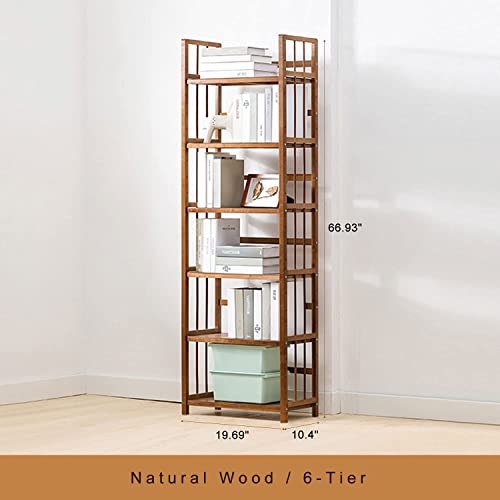 IOTXY Adjustable Bamboo Open Bookshelf - Small 6-Tier Tall Free Standing Storage Rack, Multifunctional Display Stand for Home and Office, Bookcase, Light Brown