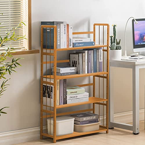 IOTXY Adjustable Bamboo Open Bookshelf - Small 6-Tier Tall Free Standing Storage Rack, Multifunctional Display Stand for Home and Office, Bookcase, Light Brown