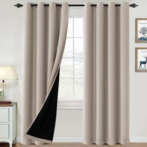 h.versailtex 100% blackout curtains for bedroom thermal insulated blackout curtains 84 inch length heat and full light blocking curtains for living room with black liner 2 panels set, natural sand