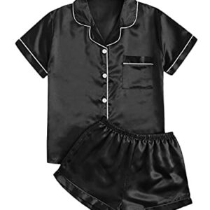 WDIRARA Women's Plus Sleepwear Satin Short Sleeve Shirt and Shorts Pajama Set Black 4XL