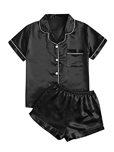 WDIRARA Women's Plus Sleepwear Satin Short Sleeve Shirt and Shorts Pajama Set Black 4XL