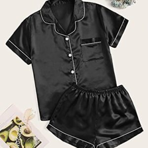 WDIRARA Women's Plus Sleepwear Satin Short Sleeve Shirt and Shorts Pajama Set Black 4XL