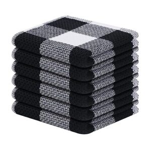 mordimy 100% cotton waffle weave plaid dish cloths, 12 x 12 inches, super soft and absorbent quick drying buffalo check dish rags for kitchen, 6-pack, black & white