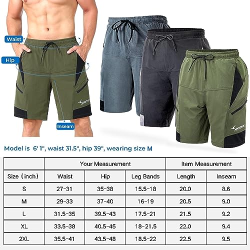 Sportneer Mens Mountain Bike Shorts - 3D Padding MTB Cycling Shorts for Men with Liner and Loose Fit (Large, Green)