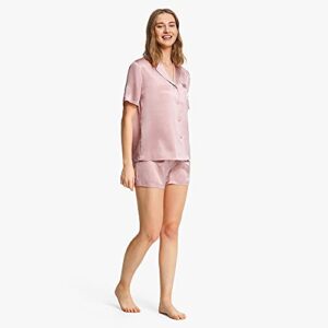 LilySilk Women's Silk Pajamas Short Sleeve Sleepwear Button Down 19 Momme 100% Mulberry Silk Two Piece Pajama Set Rosy Pink S