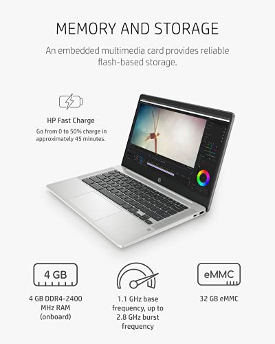 HP Chromebook 14 Laptop, Intel Celeron Processor, 4 GB RAM, 32 GB eMMC, 14” FHD (1920 x 1080) Chrome OS, Webcam & Dual Mics, Work, Entertainment, School, Long Battery Life (14a-na0160nr, 2021)