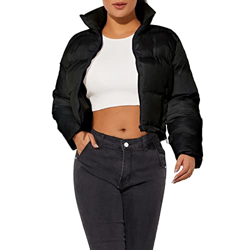 Hujoin Copped Puffer Jacket Women Crop Short Black Jacket Fashion Jackets for Women Short