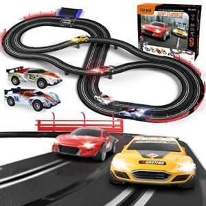 electric racing tracks for boys and kids including 4 slot cars 1:43 scale with headlights and dual racing, race car track sets with 2 hand controllers, gift toys for children over 8 years old