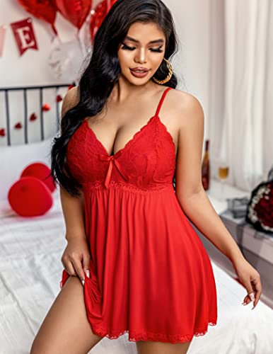 Avidlove Nightgown for Women Lace Christmas Red Nighty Sexy Chemise Nightwear Soft Night Slip(Christmas Red,XL)