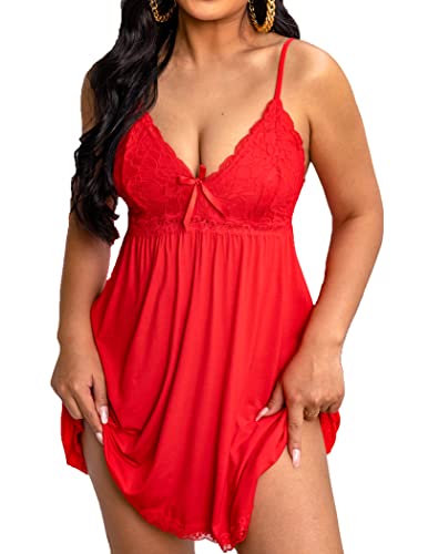 Avidlove Nightgown for Women Lace Christmas Red Nighty Sexy Chemise Nightwear Soft Night Slip(Christmas Red,XL)