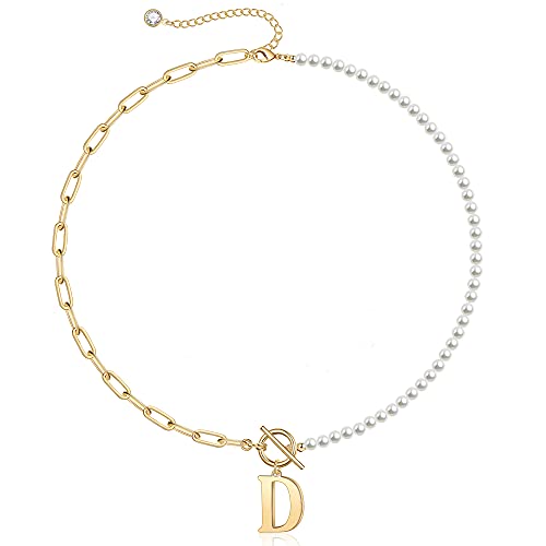 Dainty Initial Pearl Necklace for Women, 14K Gold Plated Paperclip Link Chain Necklace Toggle Clasp Necklace Initial Necklaces Gold Jewelry for Women Letter D