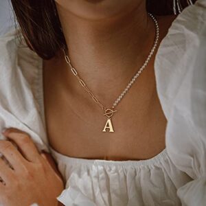 Dainty Initial Pearl Necklace for Women, 14K Gold Plated Paperclip Link Chain Necklace Toggle Clasp Necklace Initial Necklaces Gold Jewelry for Women Letter D