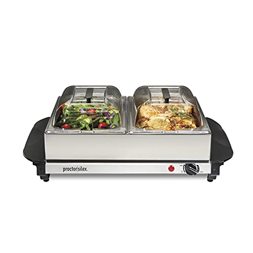 Proctor-Silex Buffet Server & Food Warmer, Adjustable Heat, for Parties, Holidays and Entertaining, Two 2.5 Quart Oven-Safe Chafing Dish Set, Stainless Steel